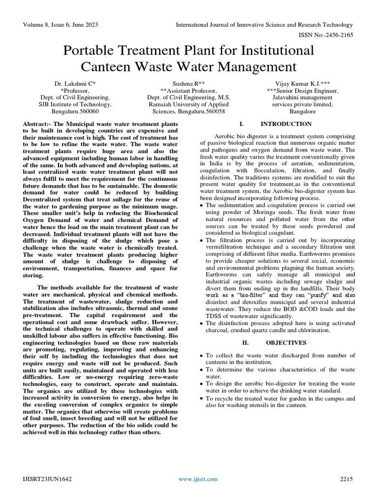 Portable Treatment Plant For Institutional Canteen Waste Water ...