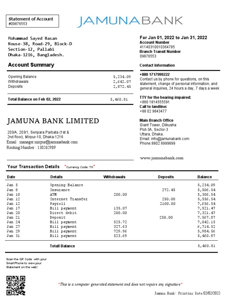 Bank Statement - Jamuna Bank | PDF