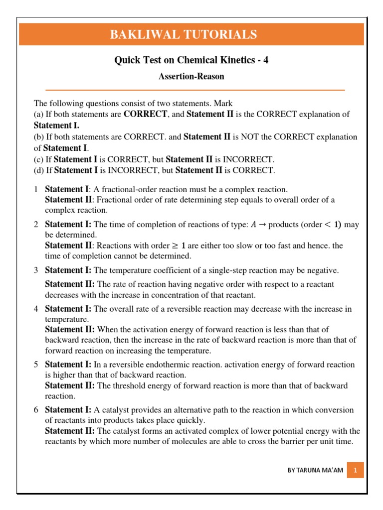 Quick Test On Chemical Kinetics - 4-1 | PDF | Reaction Rate | Chemical ...