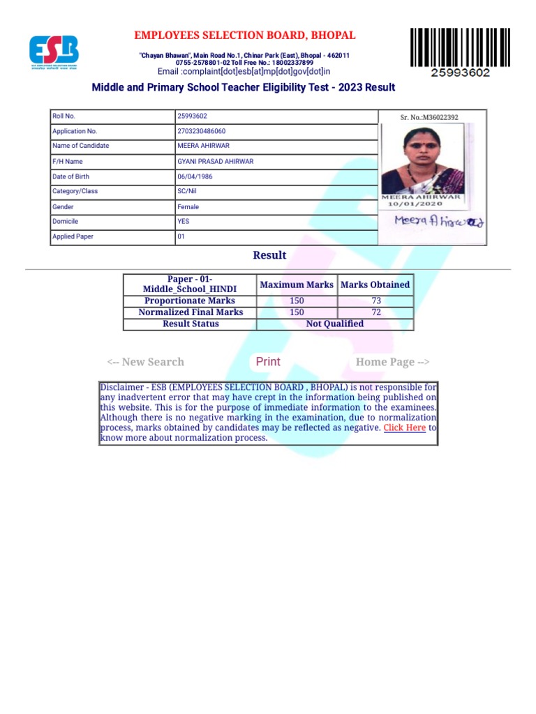 MSTET 2023 Result for Meera Ahirwar | PDF