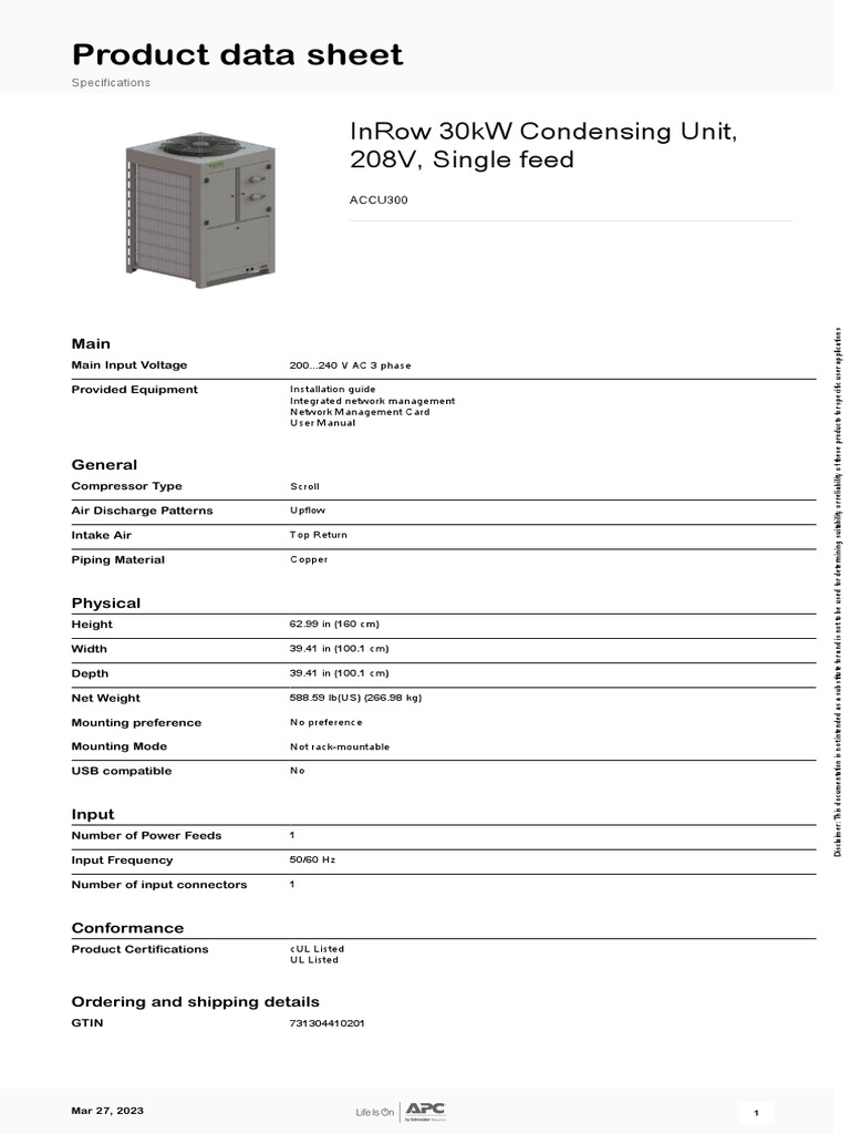 Uniflair Direct Expansion InRow Cooling - ACCU300 | PDF