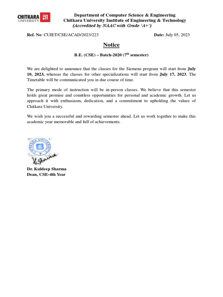 Notice For Class Commencement (CSE-2020) | PDF