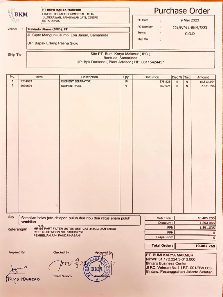 Purchase Order PT Bumi Karya Makmur | PDF