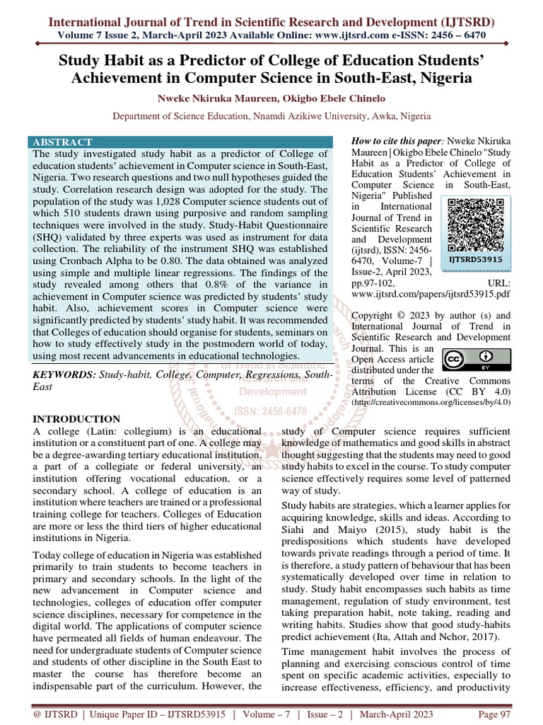 Study Habit As A Predictor of College of Education Students ...