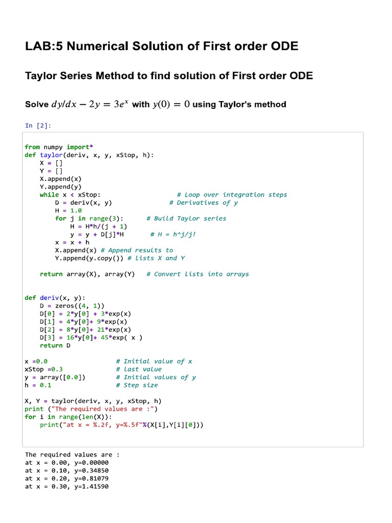 LAB 5 Taylor Series and Modified Eulers Method | PDF
