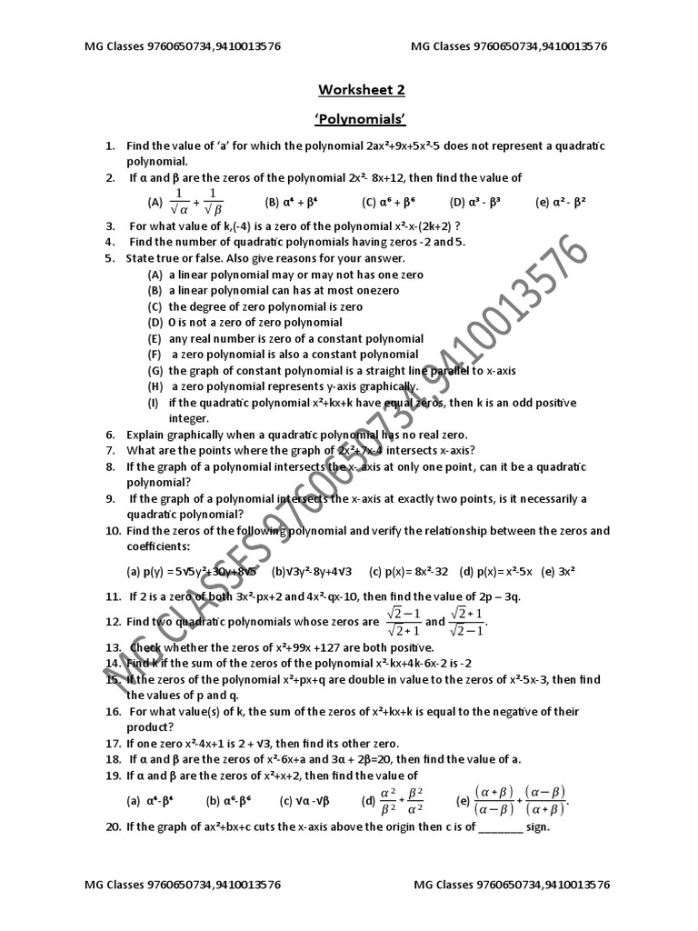 Worksheet2 (Polynomials) | PDF