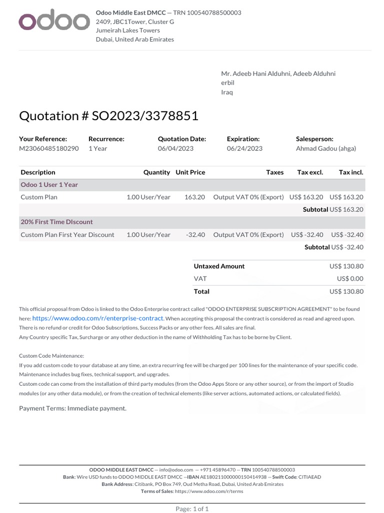 Quotation # SO2023/3378851: Your Reference: Recurrence: Quotation Date ...