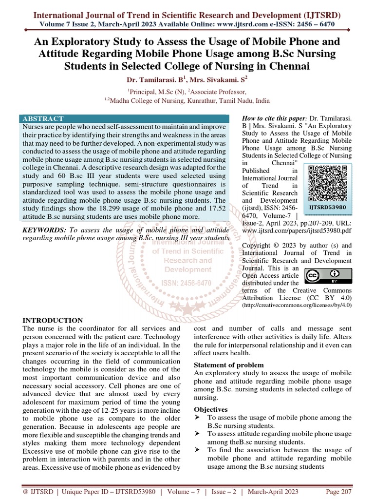 An Exploratory Study To Assess The Usage of Mobile Phone and Attitude Regarding Mobile Phone ...