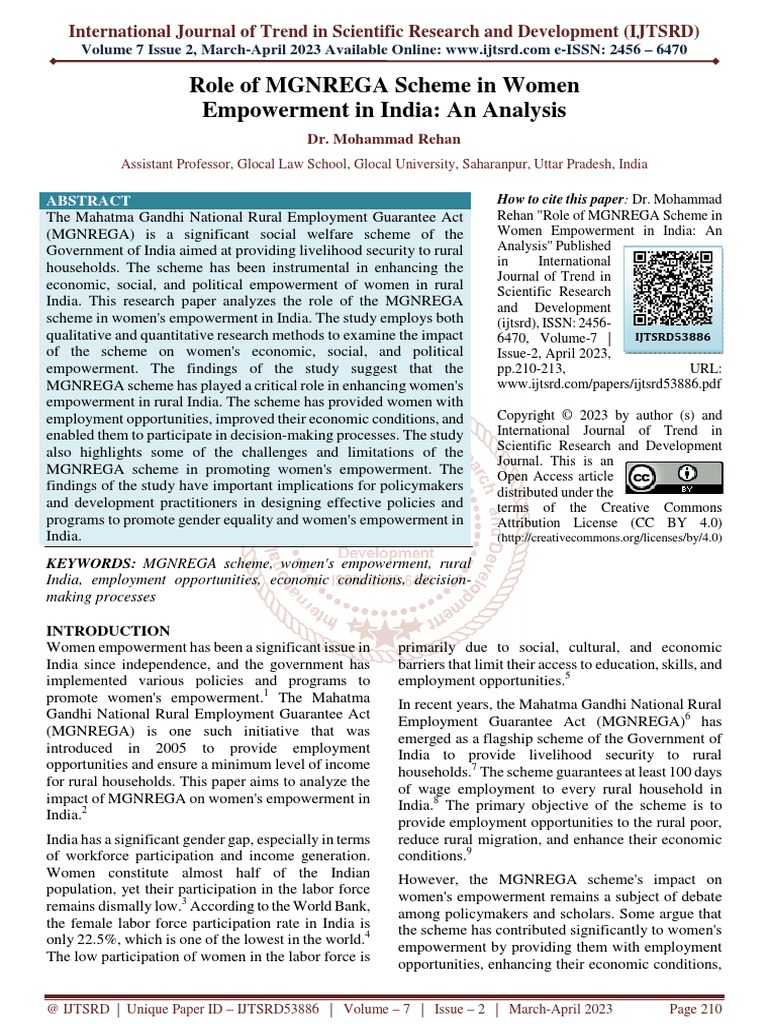 Role of MGNREGA Scheme in Women Empowerment in India An Analysis | PDF | Empowerment | Employment