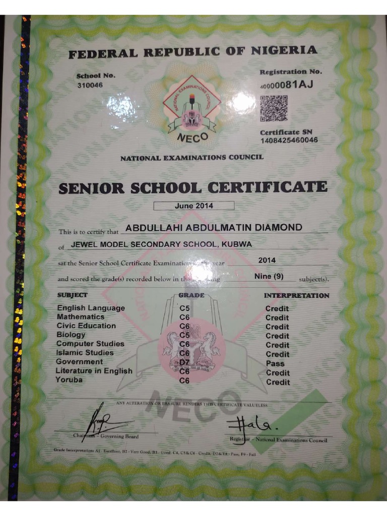 Abdullahi, Diamond Abdulmatin - O'Level Result | PDF