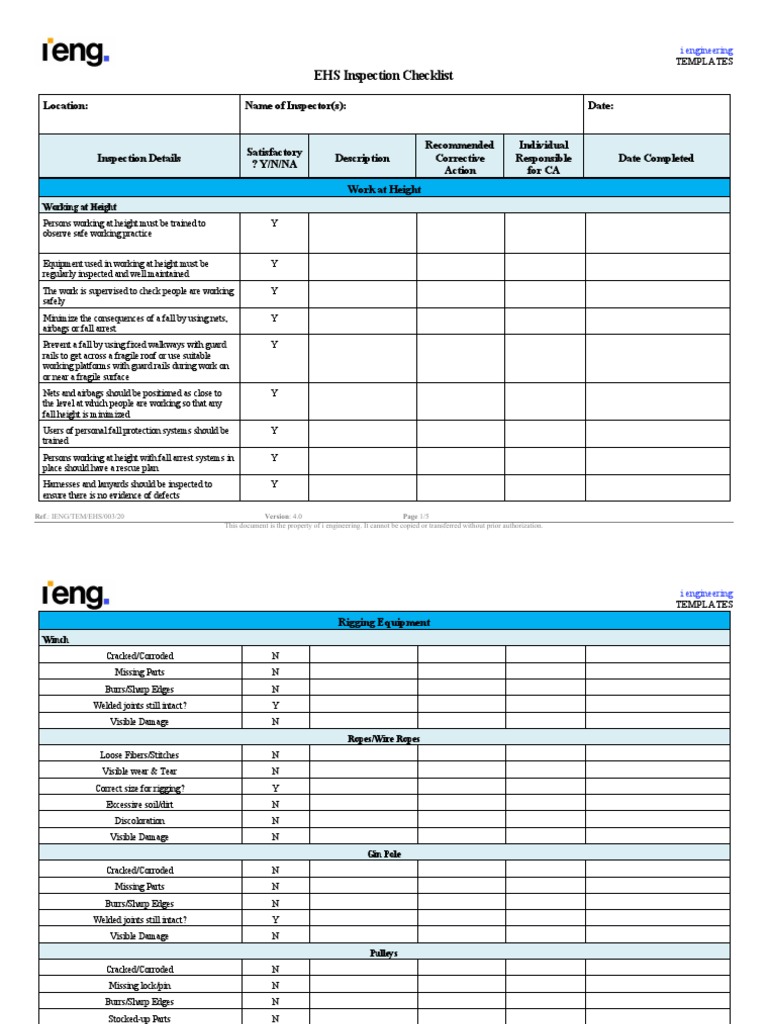 EHS Inspection Checklist | PDF | Manufactured Goods | Equipment