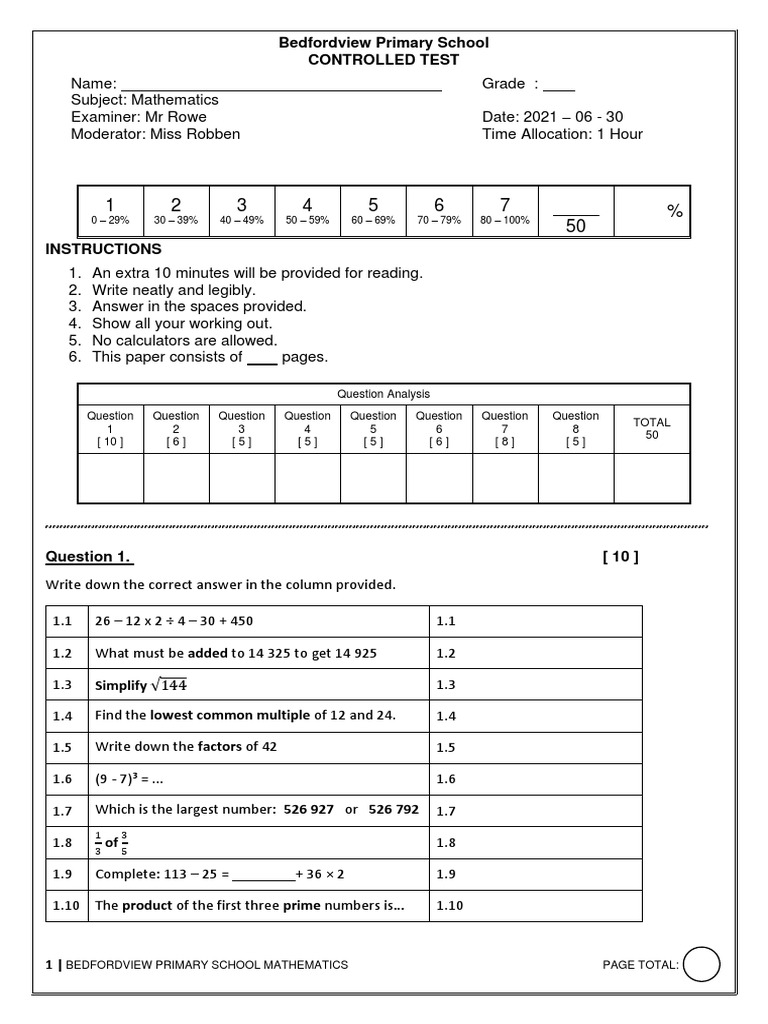 Grade 4 Mathematics June Exam 2021 | PDF