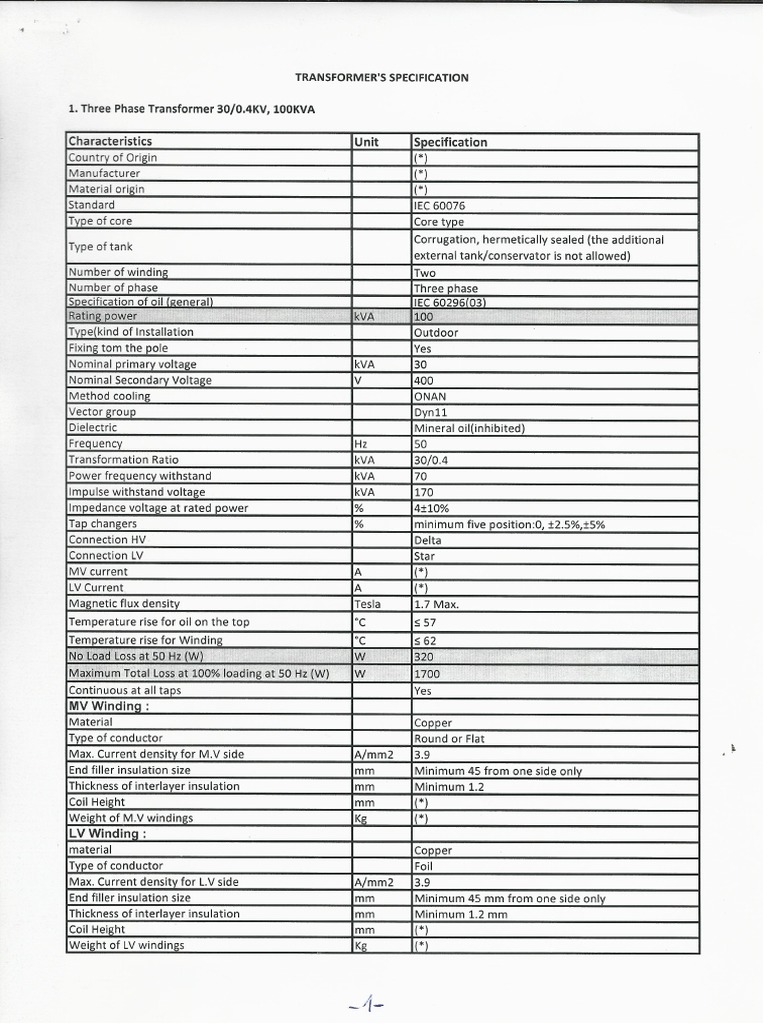 Technical Specifications of Transformers For Mpanga | PDF