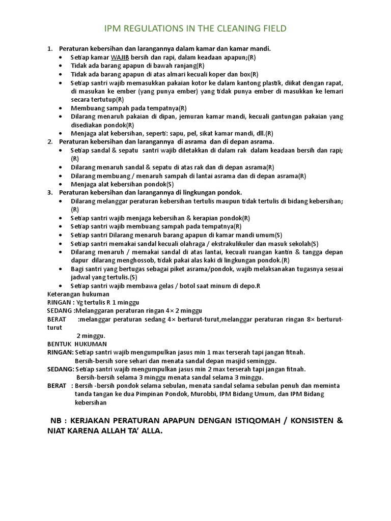 Peraturan Kebersihan Dan Larangannya Dalam Kamar Dan Kamar Mandi | PDF | Griya & Taman