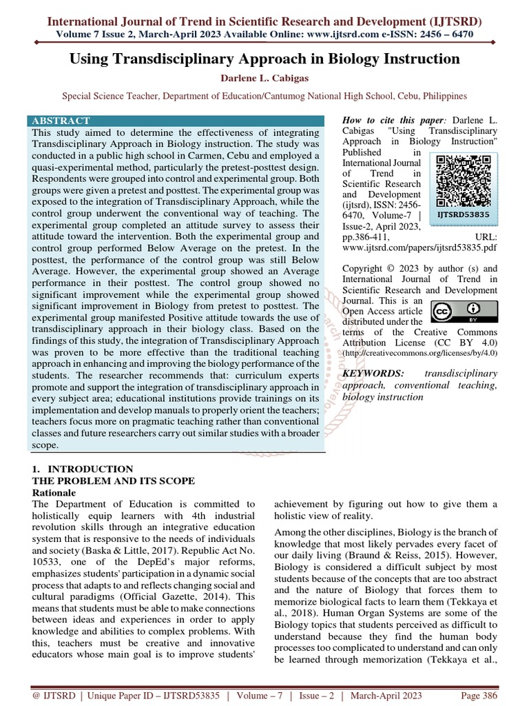 Using Transdisciplinary Approach in Biology Instruction | Download Free ...