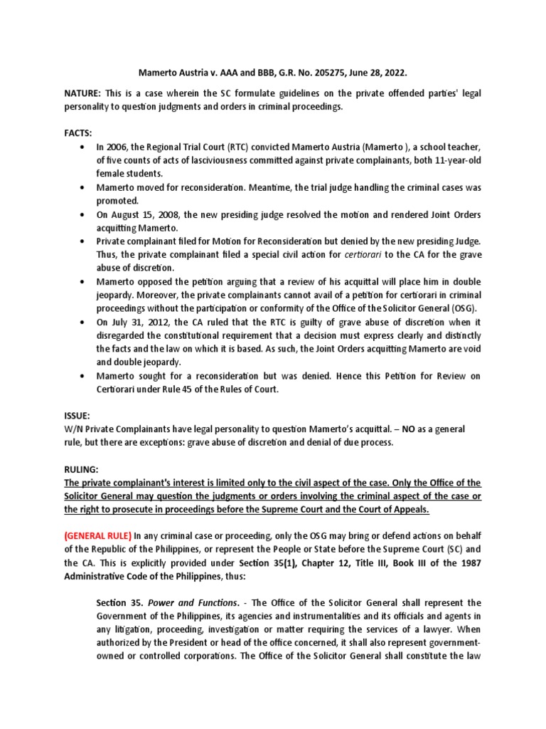 Digest Mamerto Austria v. AAA and BBB | PDF