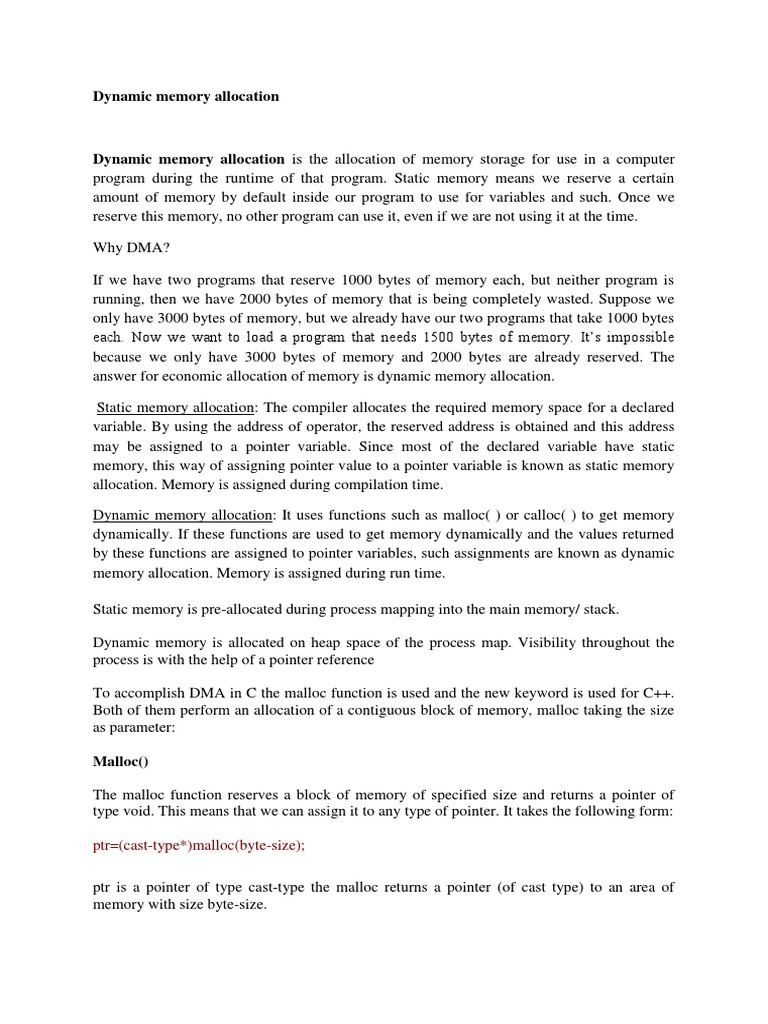 Dynamic Memory Allocation: PTR (Cast-Type ) Malloc (Byte-Size) | PDF | Pointer (Computer ...
