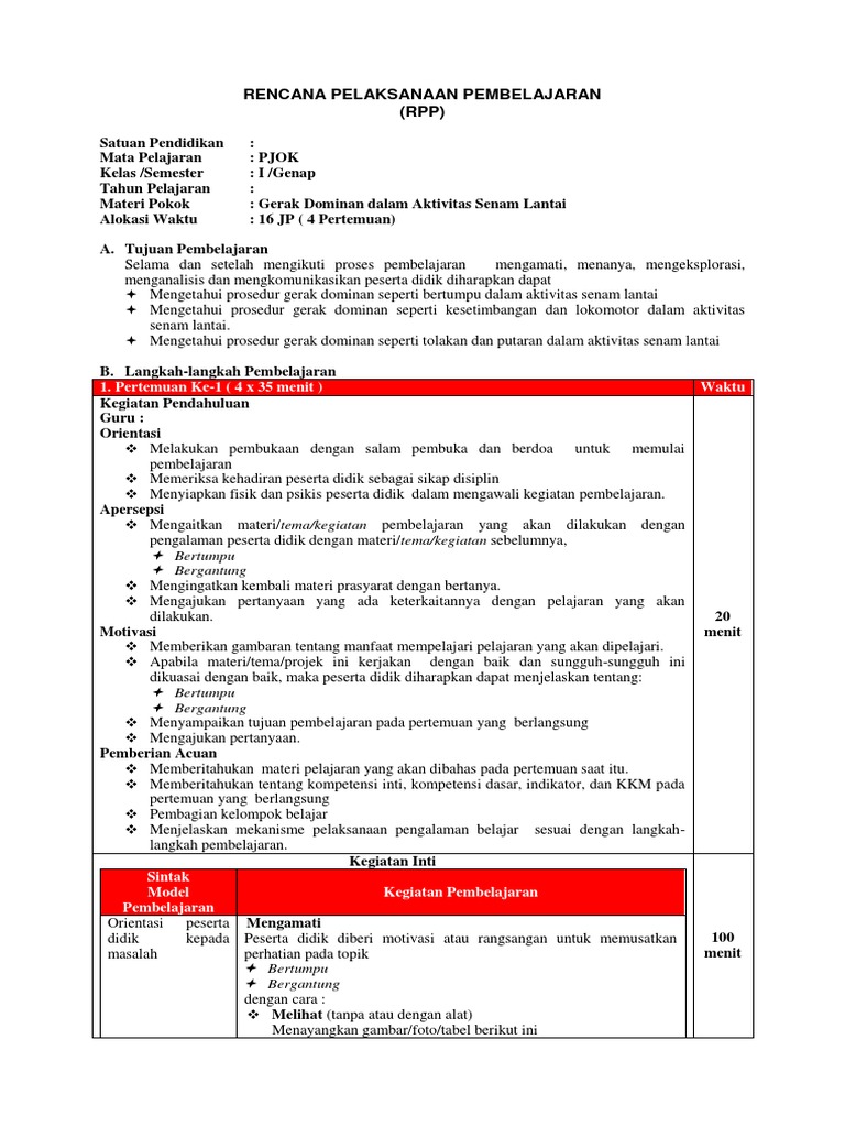 Contoh RPP Pjok Kelas 1 RPP 5 | PDF
