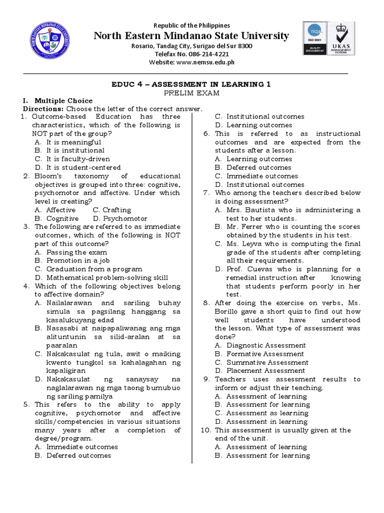 Educ 4 - Assessment in Learning 1 (Prelim) For Printing | PDF | Educational Assessment | Learning