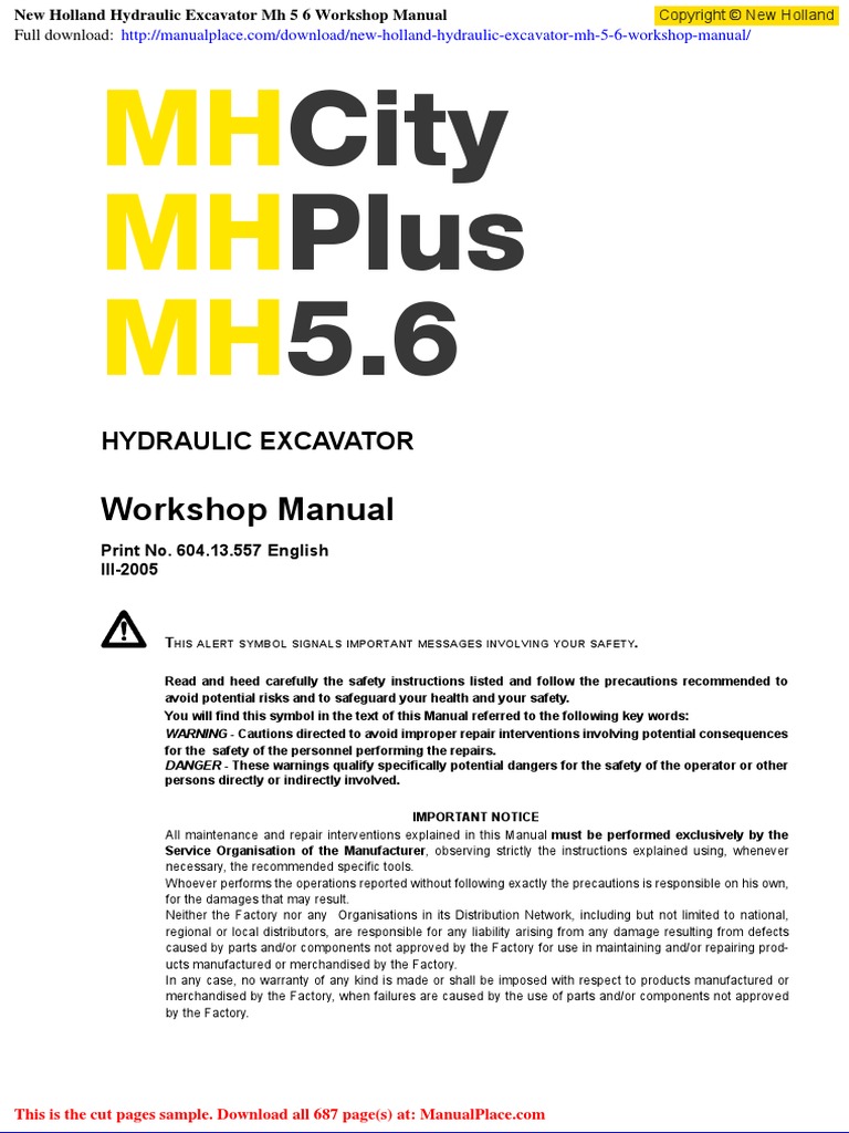 New Holland Hydraulic Excavator MH 5 6 Workshop Manual | PDF