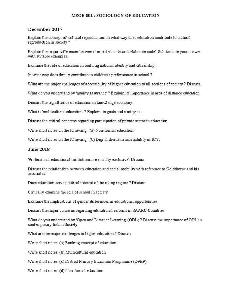 Msoe-001 Sociology of Education | Download Free PDF | Sociology ... Msoe-001 Sociology of Education | Download Free PDF | Sociology ...