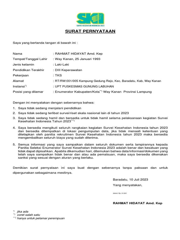 Surat Pernyataan Ski 2023 (1) Edit | PDF