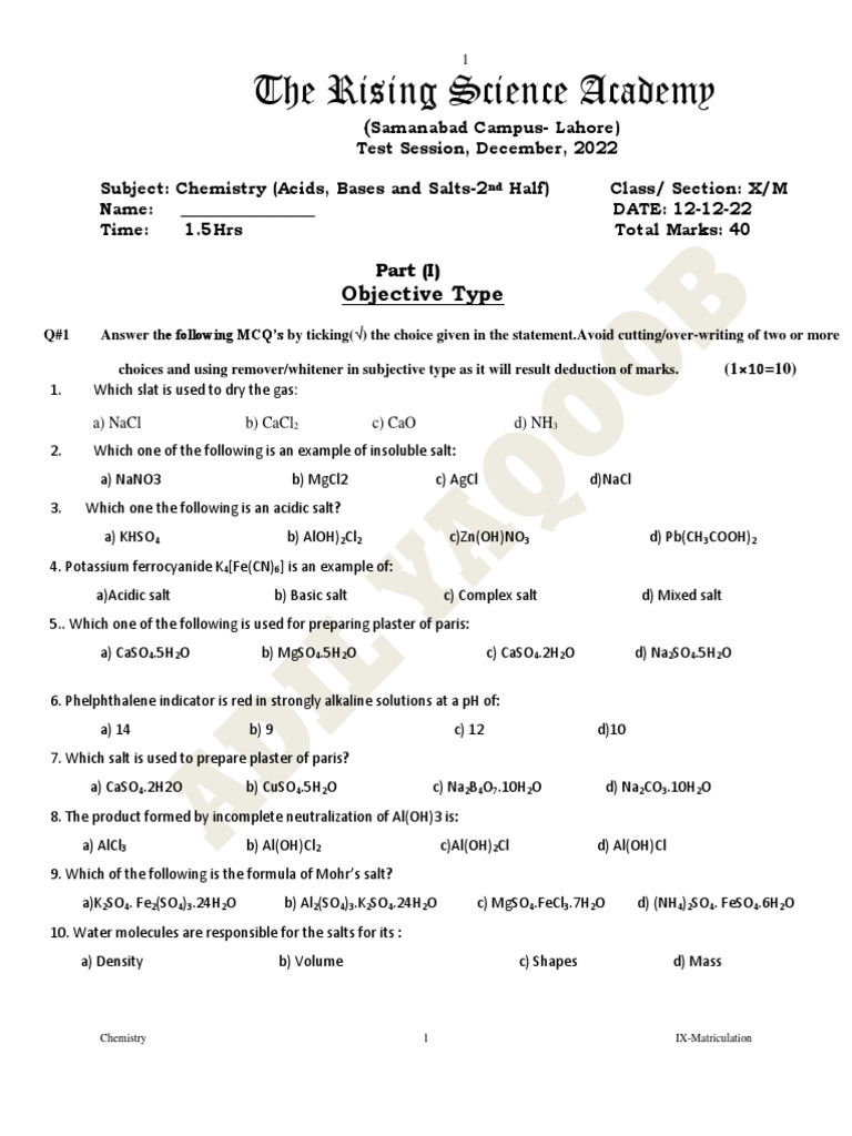 10th - CLASS TEST ACIDS, BASES AND SALTS 2ND HALF | PDF | Hydroxide ...