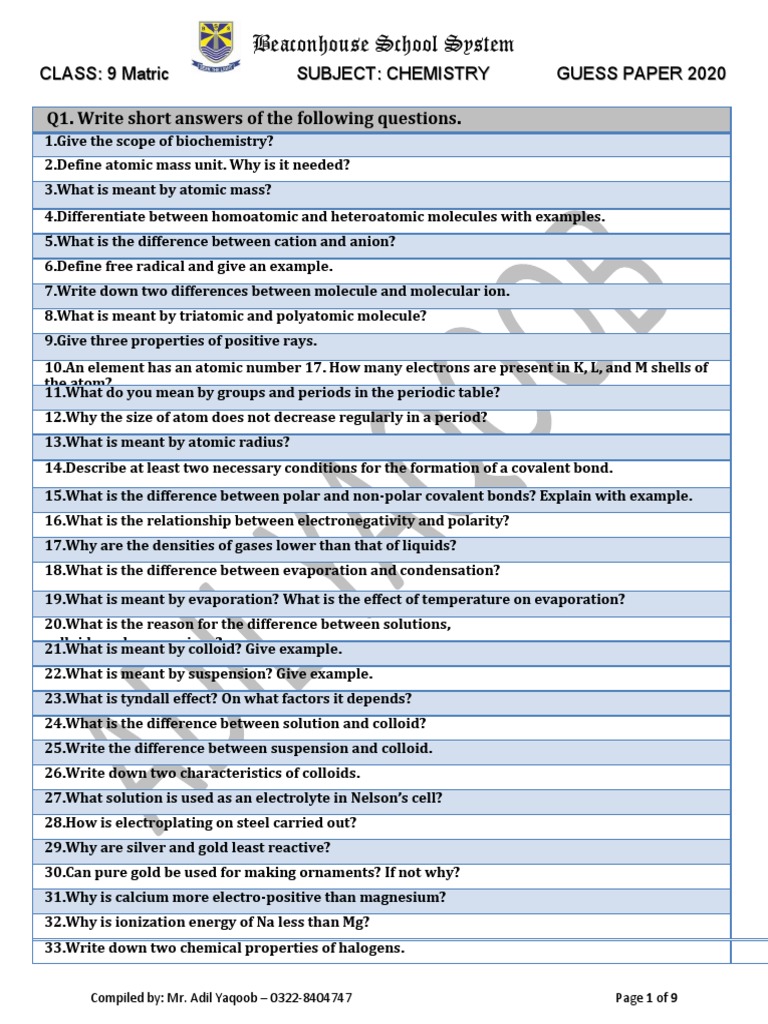 Chemistry 9M Guess | PDF | Chemical Bond | Redox