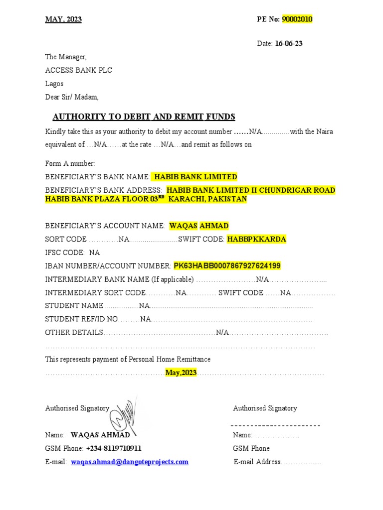 Authority To Debit Letter | PDF