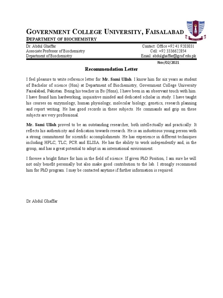 Recommendation Letter for PhD Candidate | PDF | Wellness | Science ...