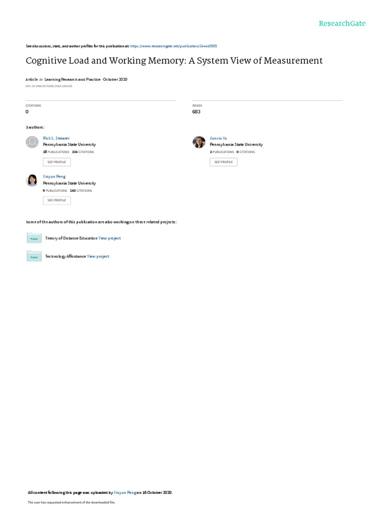 Shearer - 2020 - Cognitive Load and Working Memory A System View of Measurement | PDF | Working ...