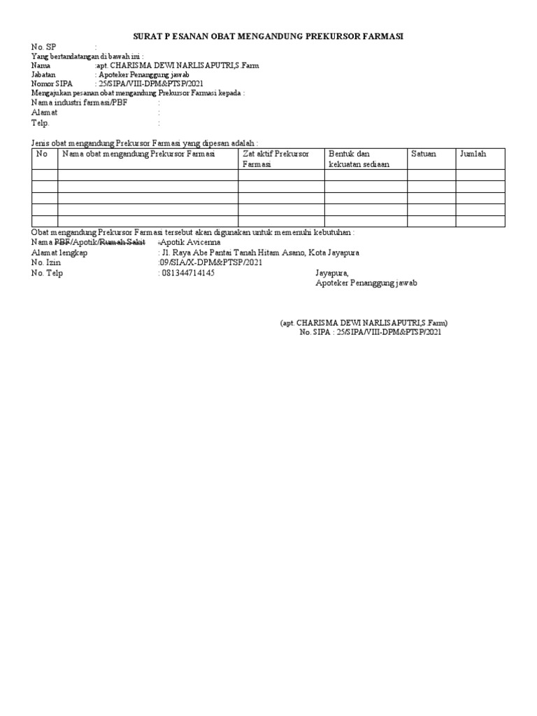 Surat Pesanan Obat Mengandung Prekursor | PDF