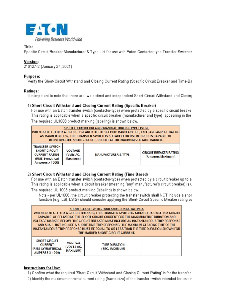 Eaton Transfer Switch Contactor Type Specific Circuit Breaker MFG and ...