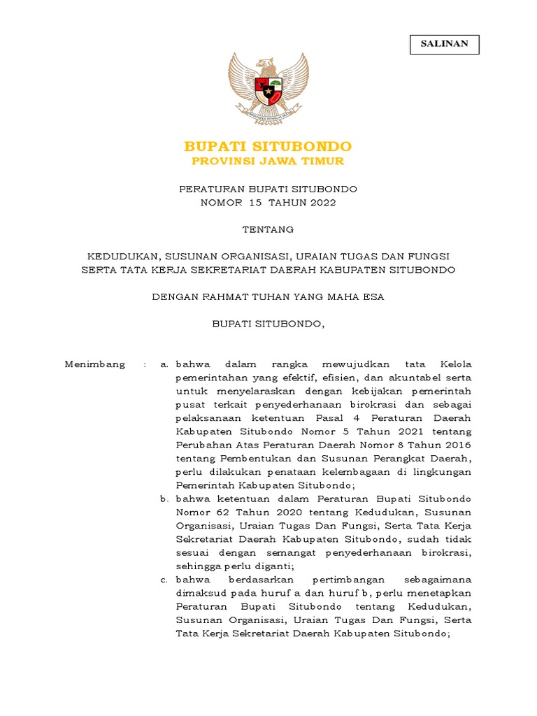 1a. PERBUP SOTK SEKRETARIAT DAERAH PDF | PDF