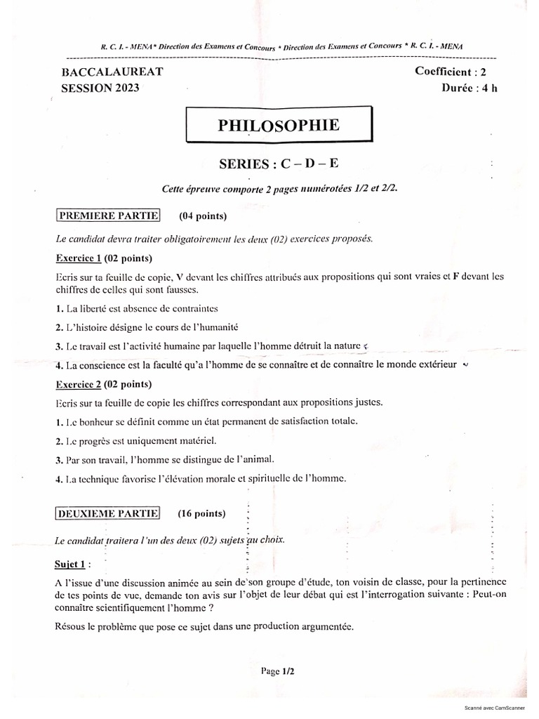 Sujet Philo Bac 2023 Serie D | PDF