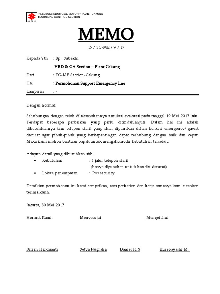 Memo - 19 Permohonan Support Line Telepon Emergency | PDF