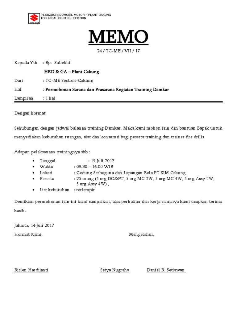 Memo - 24 Permohonan Sarana Dan Prasarana Training Damkar | PDF