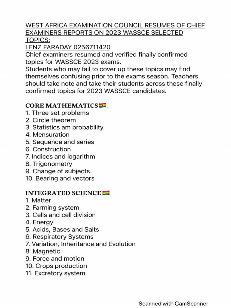 Wassce Finally Confirmed Topics For 2023 | PDF