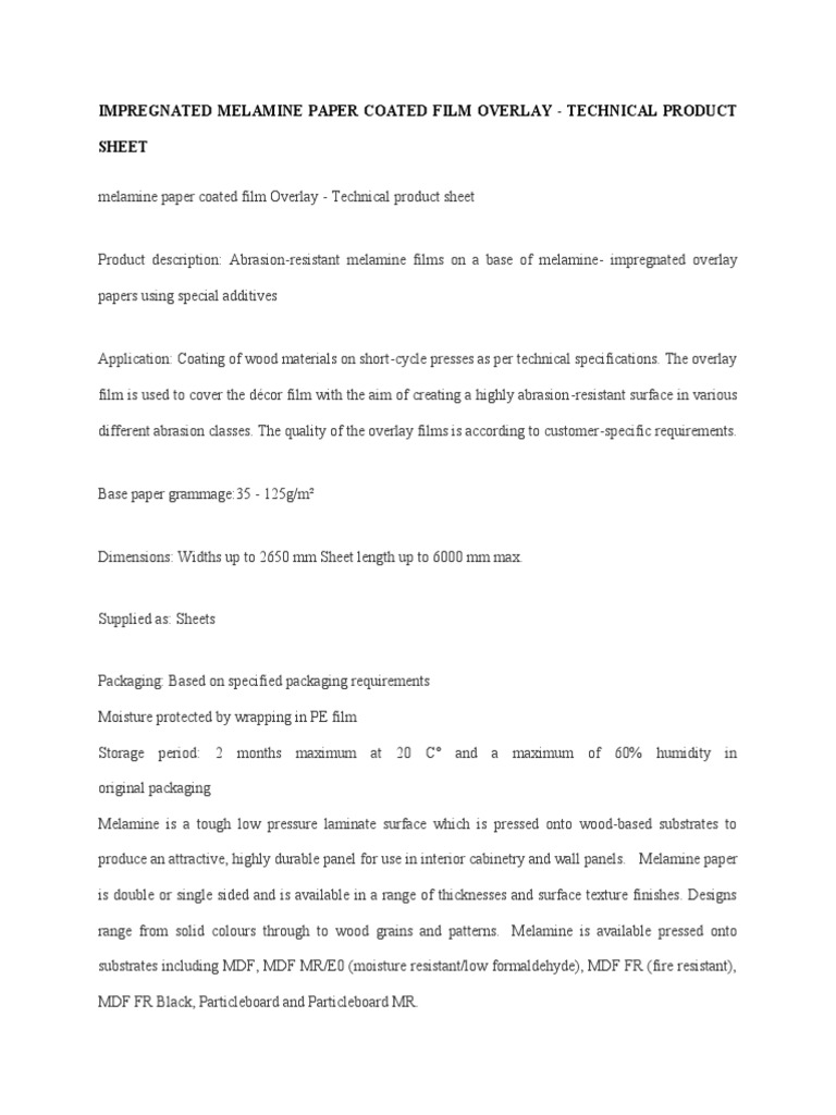 Impregnated Melamine Paper Coated Film Overlay | PDF | Lamination | Paper