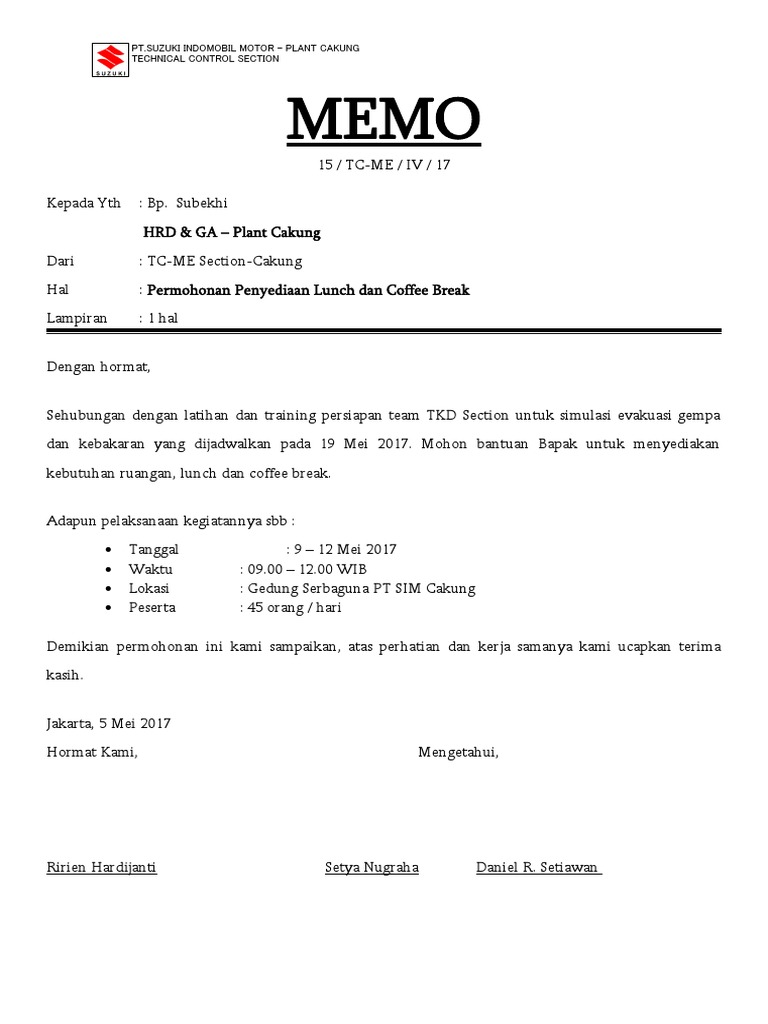 Memo - 15 Penyediaan Lunch, Coffee Break Latihan Persiapan Simulasi ...