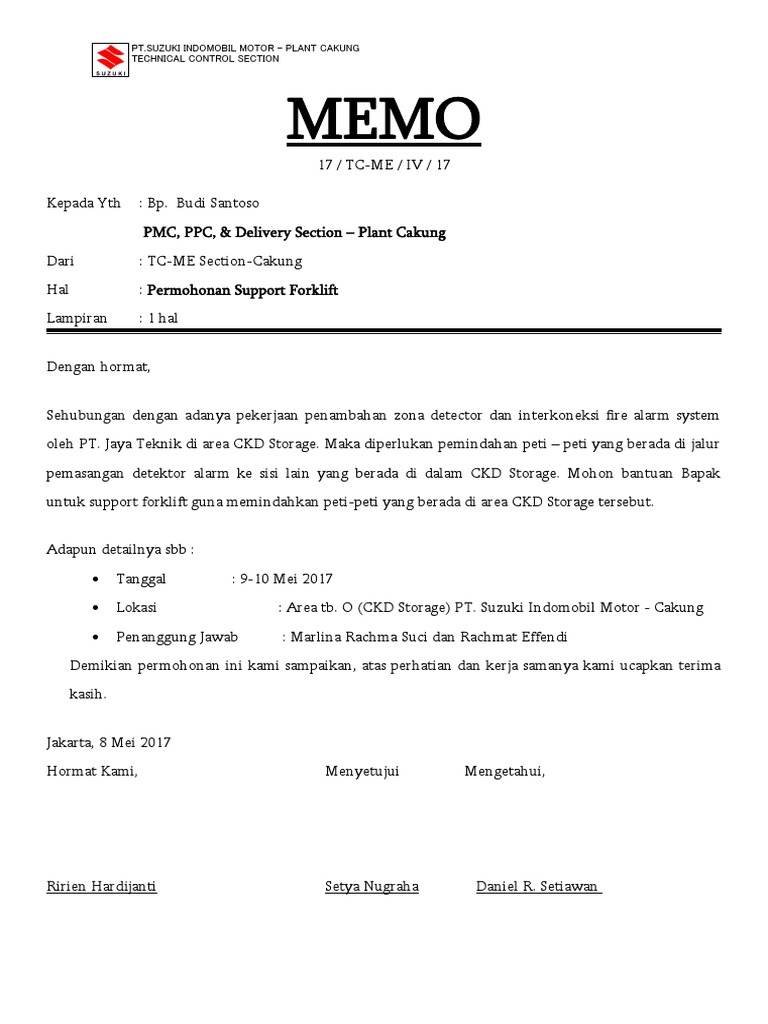 Memo - 17 Permohonan Support Forklift | PDF
