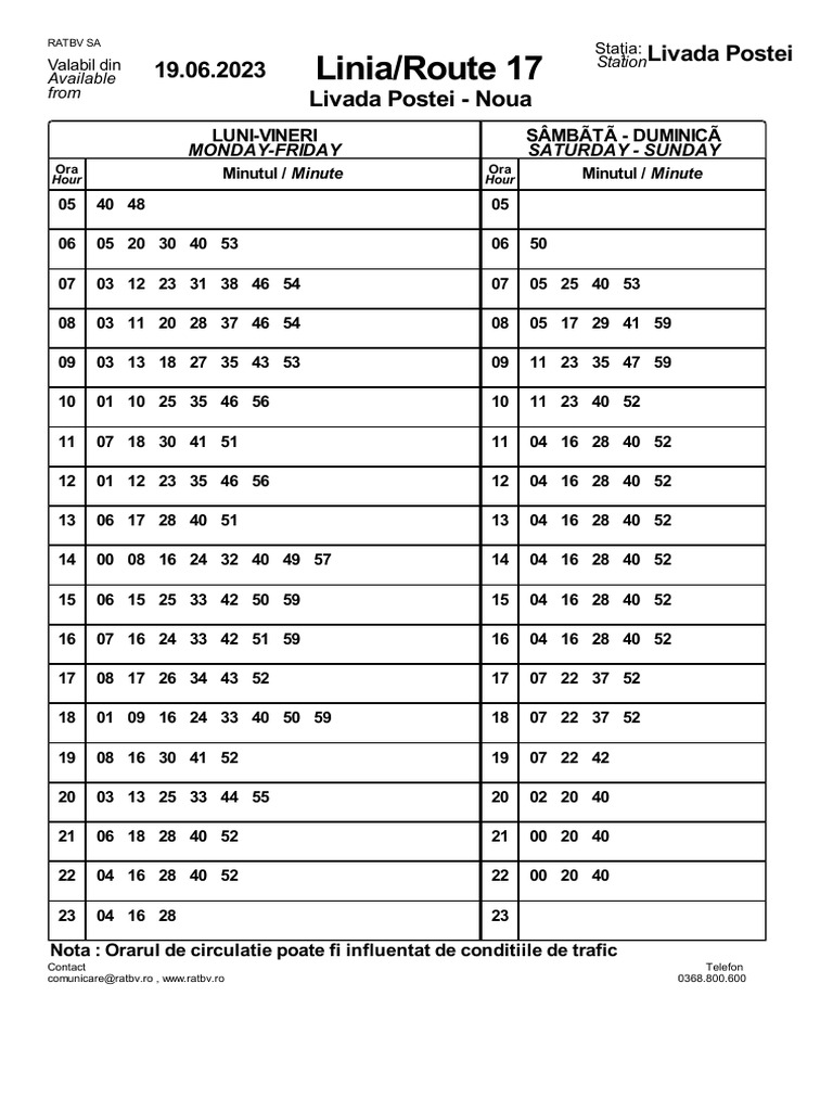 RATBV Route 17 Timetable | PDF