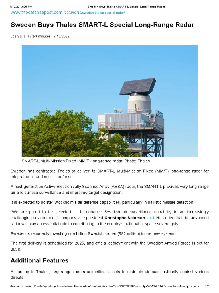 10JUL Sweden Buys Thales SMART L Special Long Range Radar | PDF