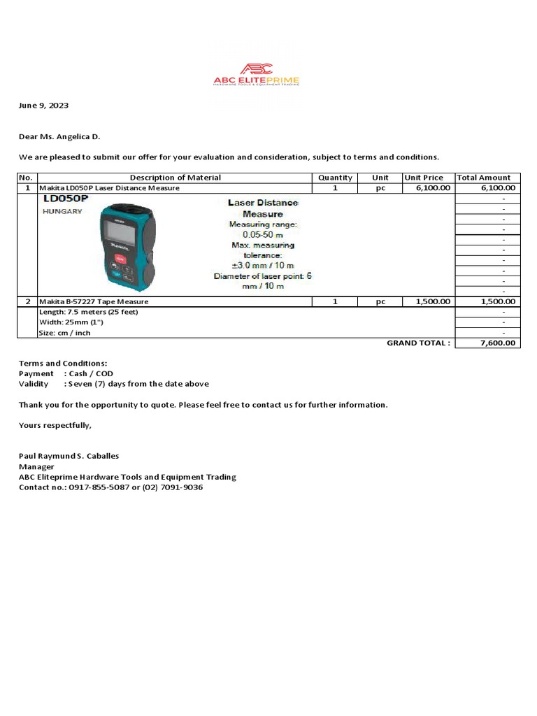 MAKITA Materials Quotation - ABC Eliteprime Hardware Tools and ...