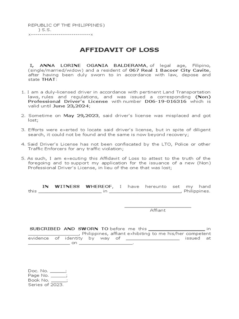 Affidavit of Loss License | PDF