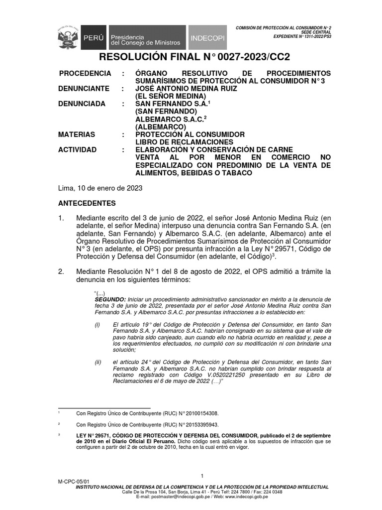 Resolución Final #0027-2023/CC2 | PDF | Protección al Consumidor | Los consumidores