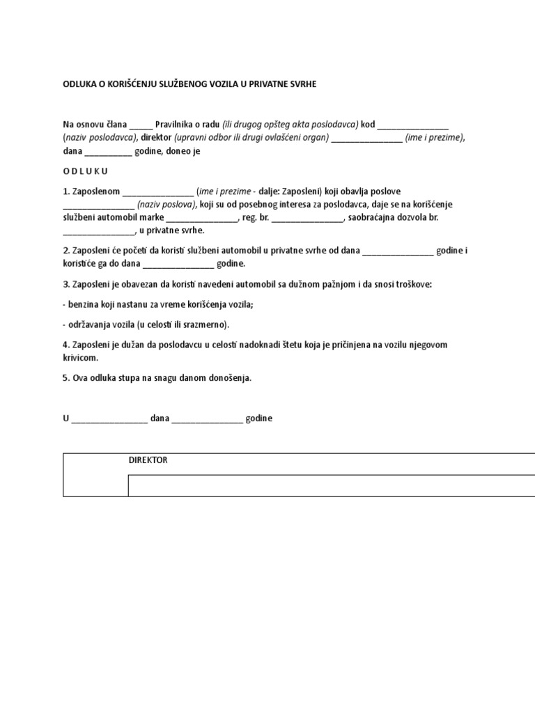 Odluka o Koriscenju Sluzbenog Vozila | PDF