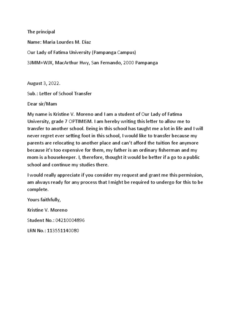School Transfer Letter (To Principla) | PDF