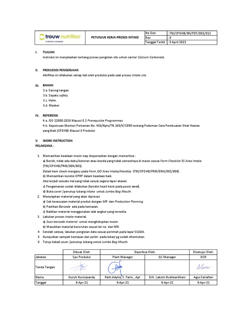 CPOHB WI PDT001-013 Petunjuk Kerja Proses Intake | PDF