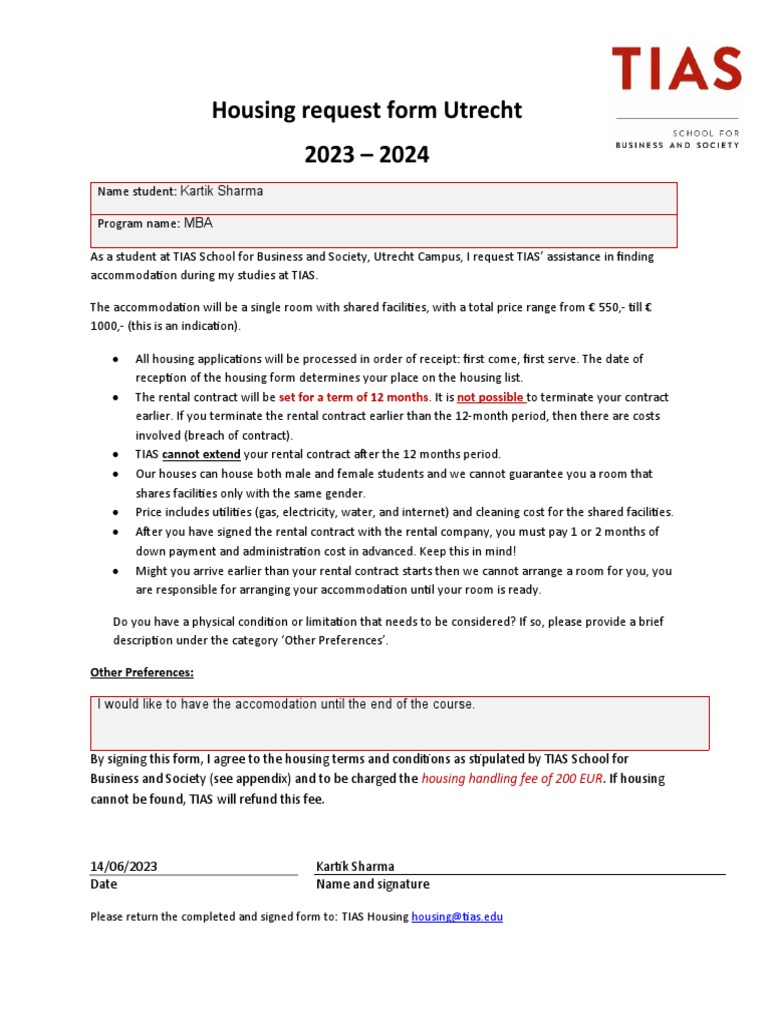 Housing Request Form - T&C - 2023-2024 | PDF | Lease | Private Law